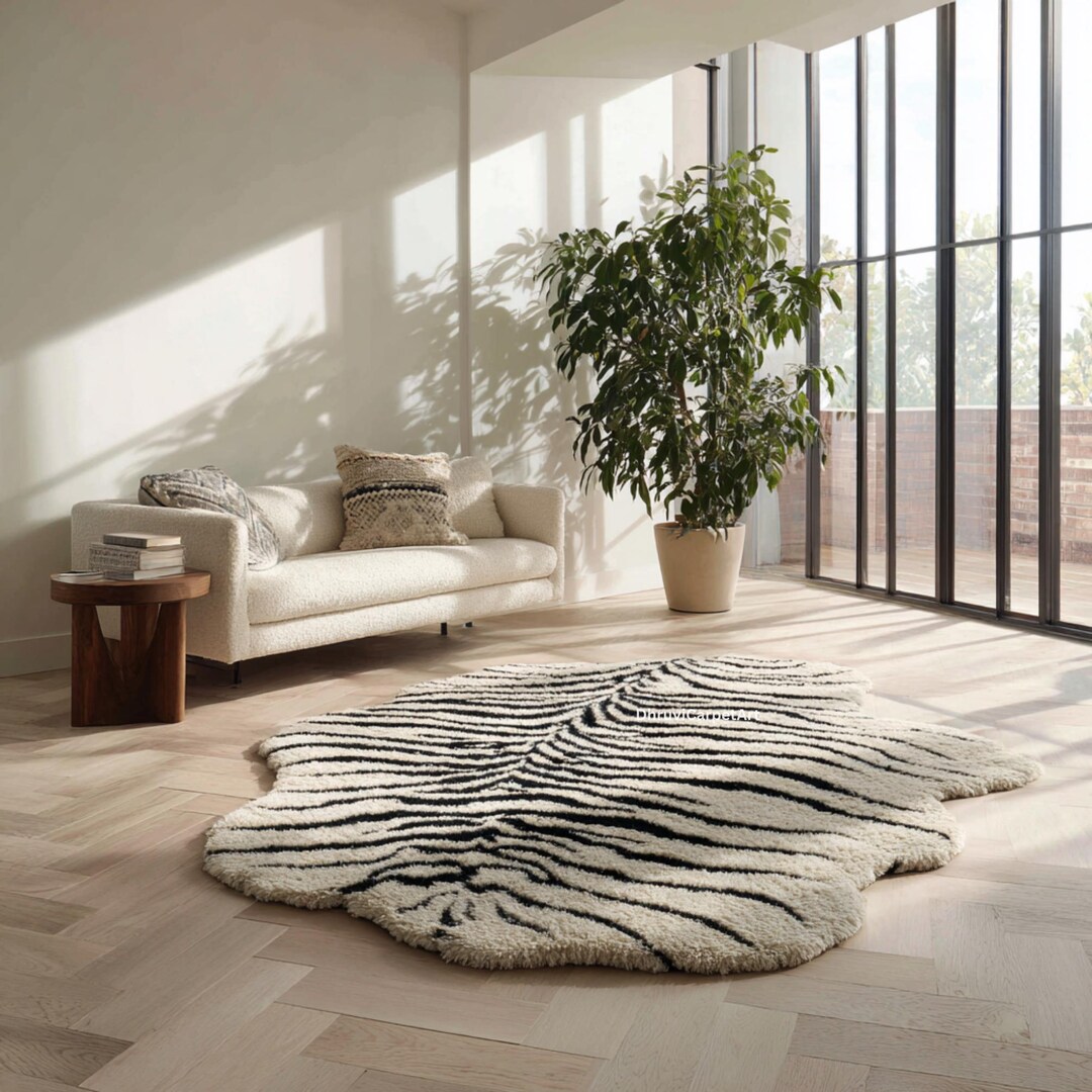 Zebra Print Rug | Black and White Animal Print Wool Rug | Irregular ...