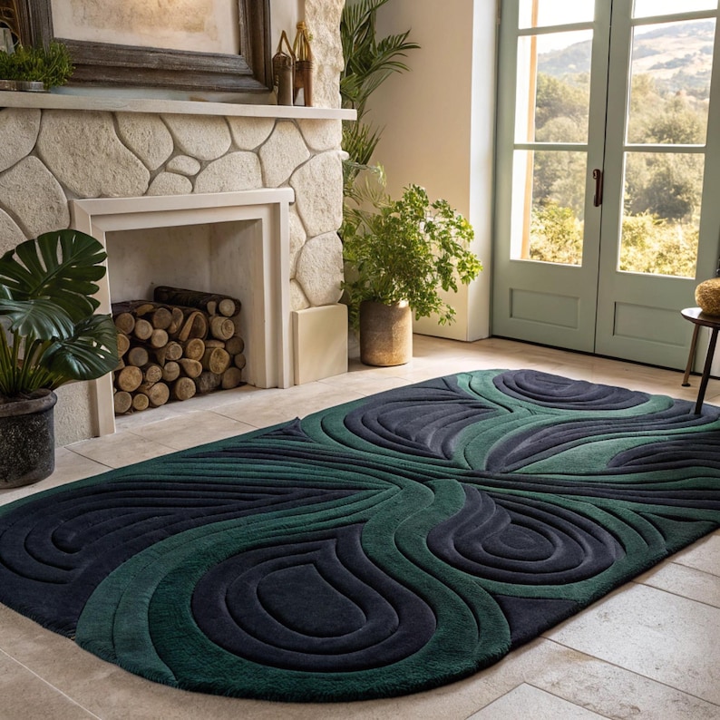 Emerald Green Abstract Oval Area Rug | Hand Tufted Wool Rug for Modern ...