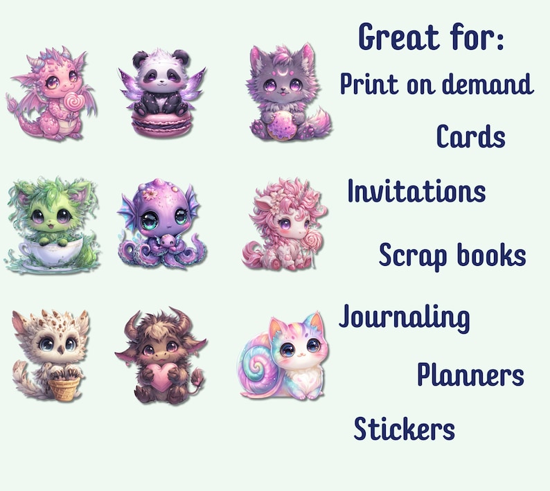 30 Magical Kawaii Fantasy Animals, Clipart Bundle Cute Whimsical ...