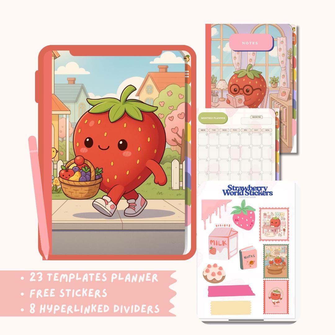 Cute Strawberry Digital Notebook Aesthetic Planner Kawaii Journal for ...