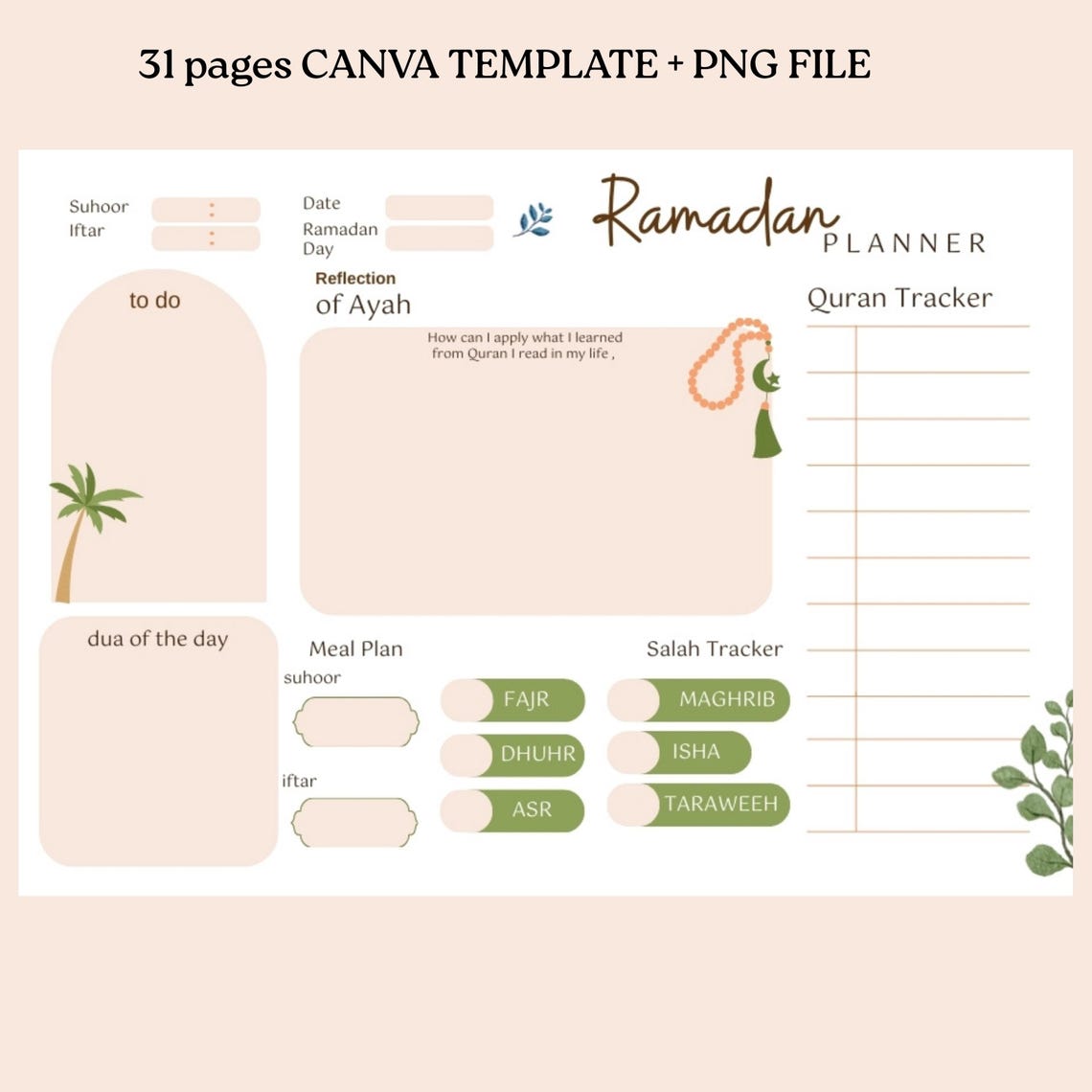 Printable Ramadan Planner | 31-day Ramadan Journal | Canva Template ...