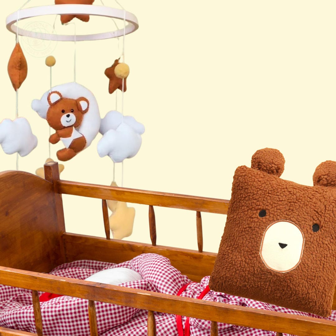 Teddy Bear Crib Mobile With Sherpa Pillow: Felt Cloud & Stars Nursery ...