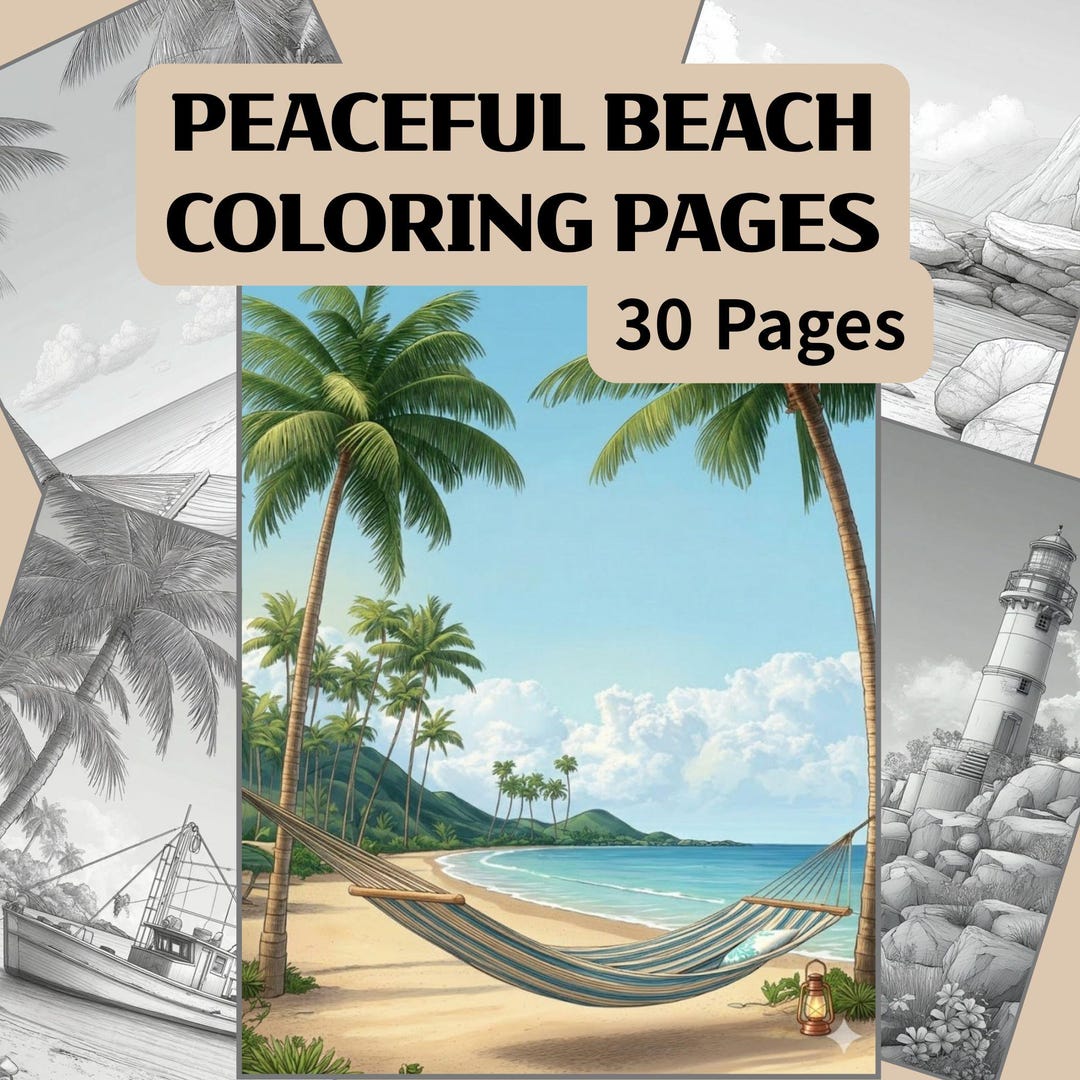 30 Tropical Beach Coloring Pages, Relaxing Ocean Landscapes (digital ...