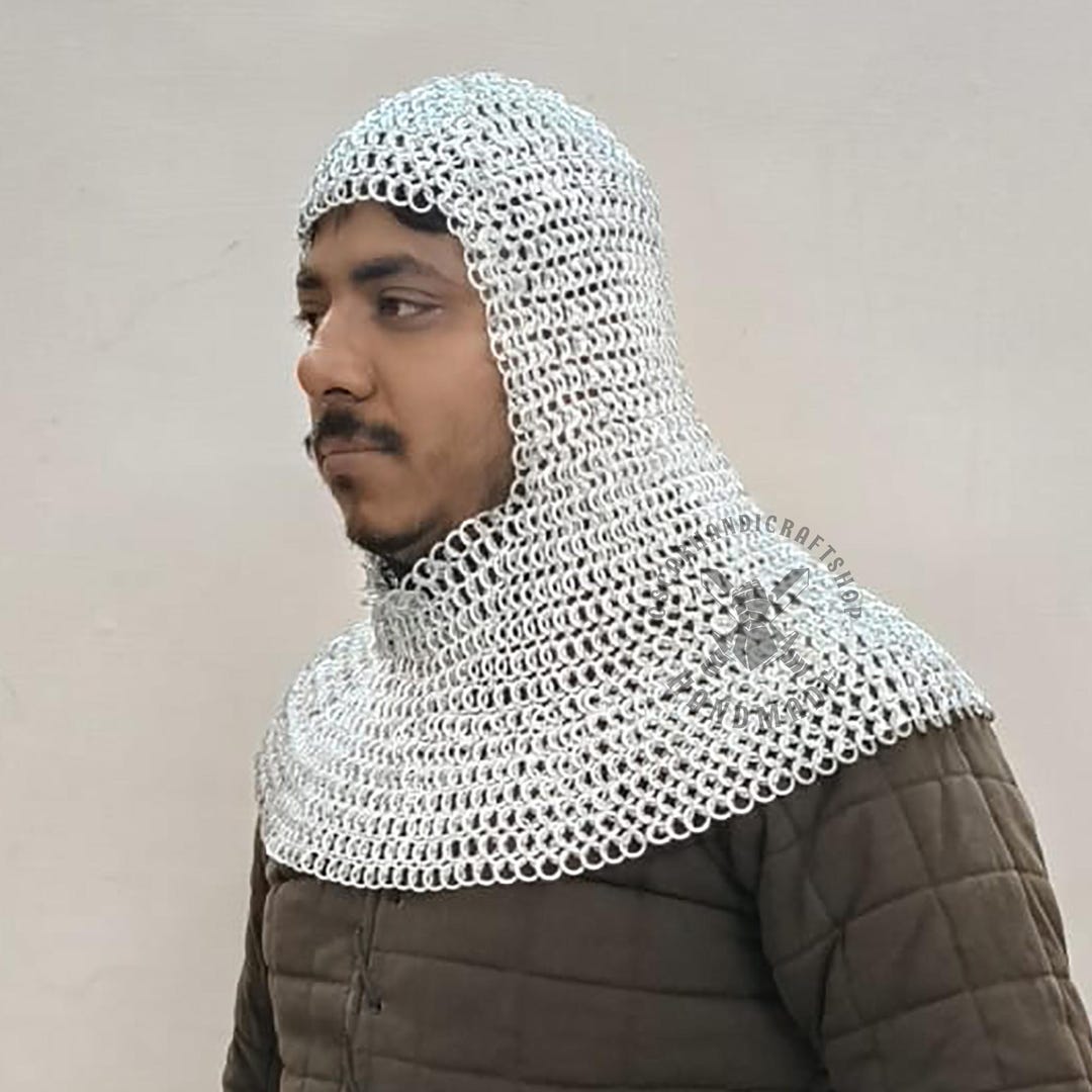 Aluminum Chainmail Coif: 9MM Flat Riveted Rings, LARP Reenactment Hood ...