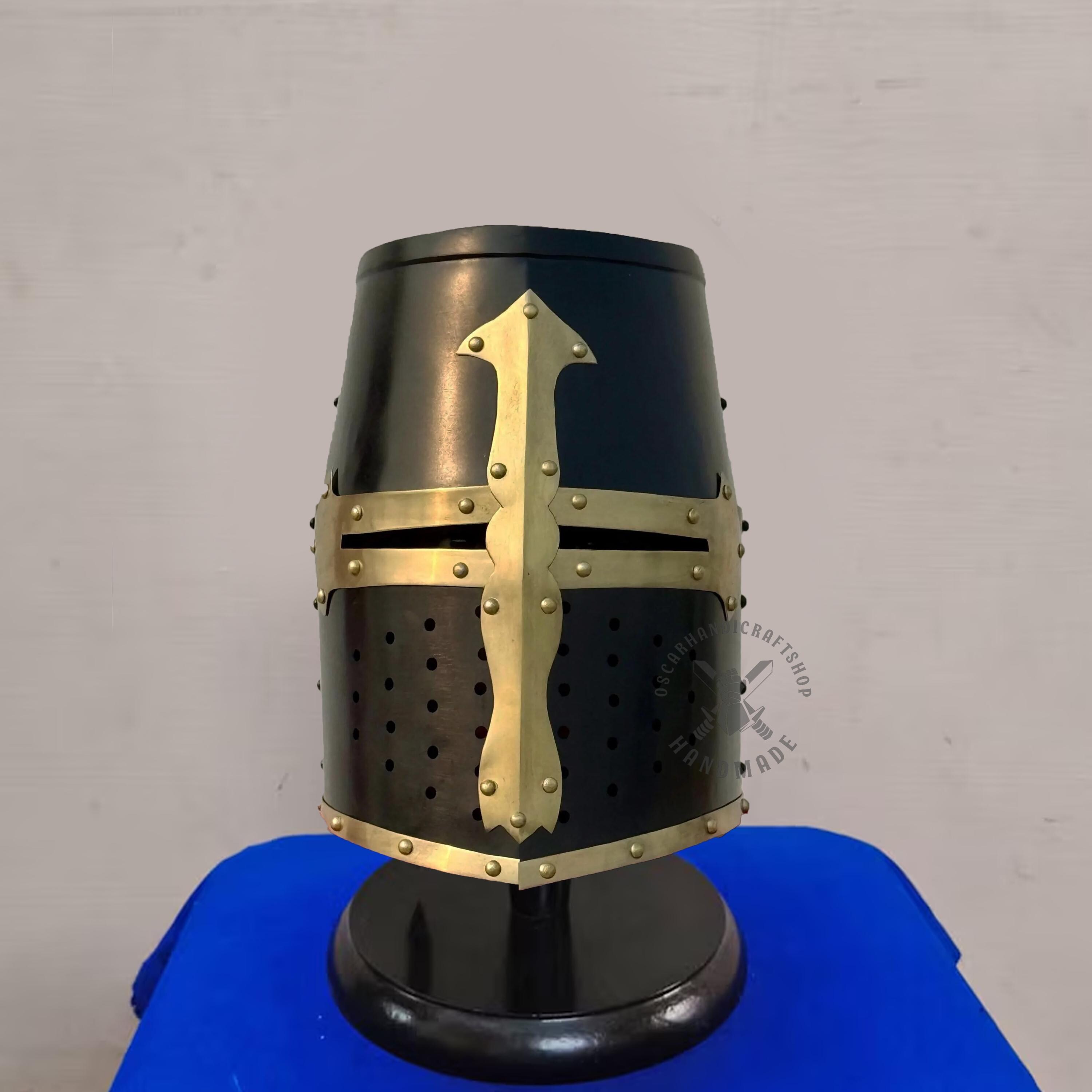 Handmade Templar Crusader Knight Helmet Black - 18 Gauge Steel Renfaire ...
