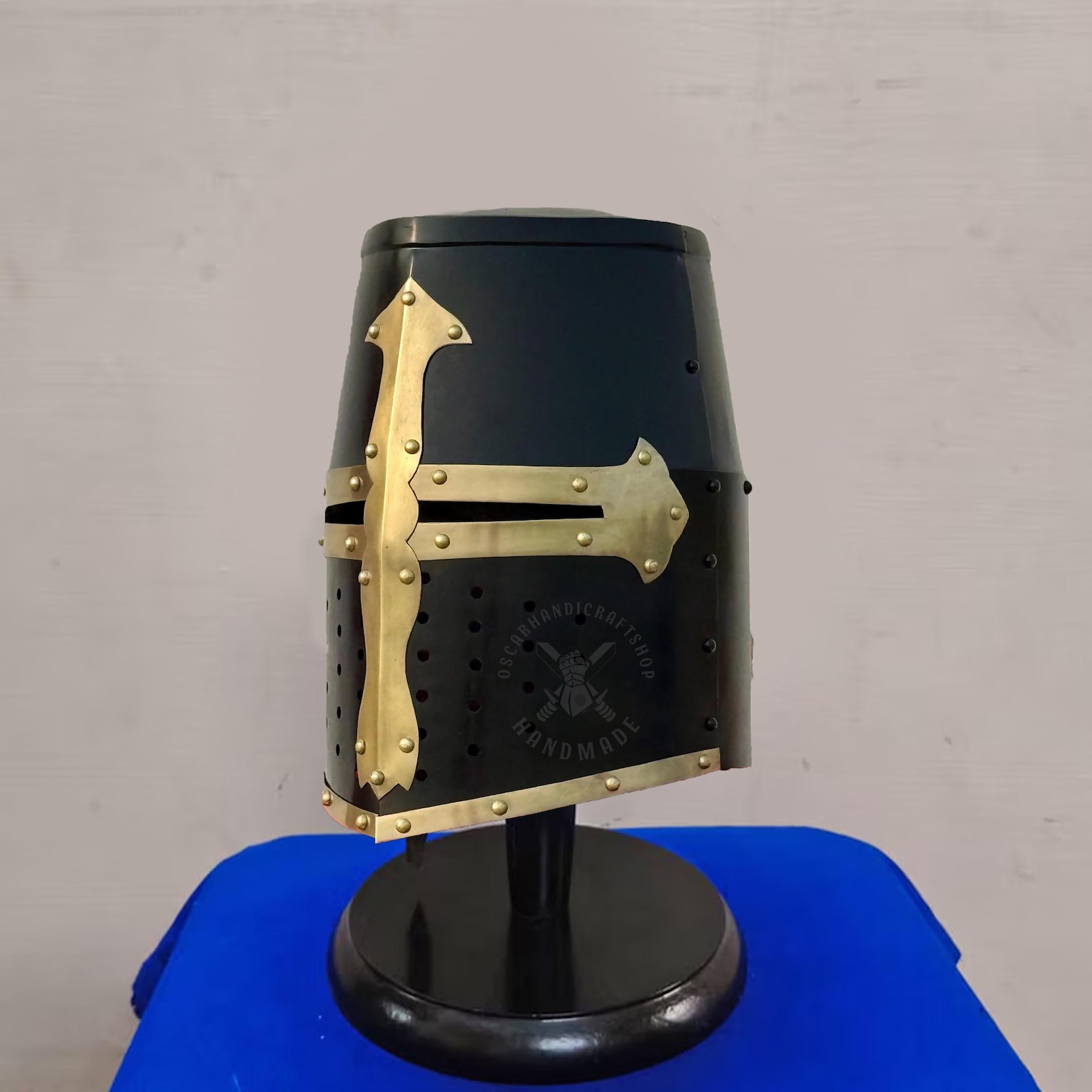 Handmade Templar Crusader Knight Helmet Black - 18 Gauge Steel Renfaire ...