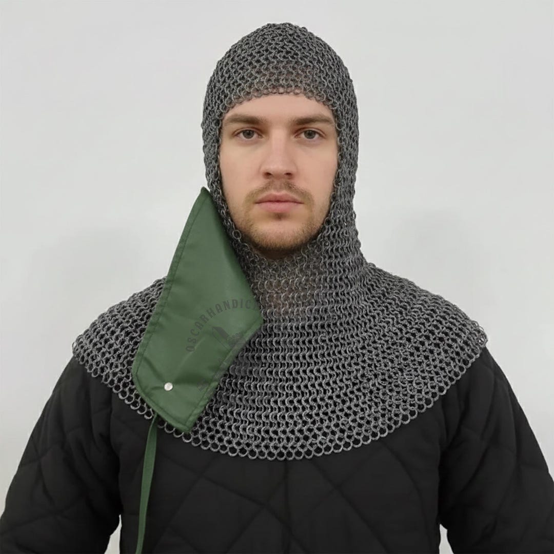 Medieval Chainmail Coif With Face Mask: 9mm Flat Ring Riveted Steel ...