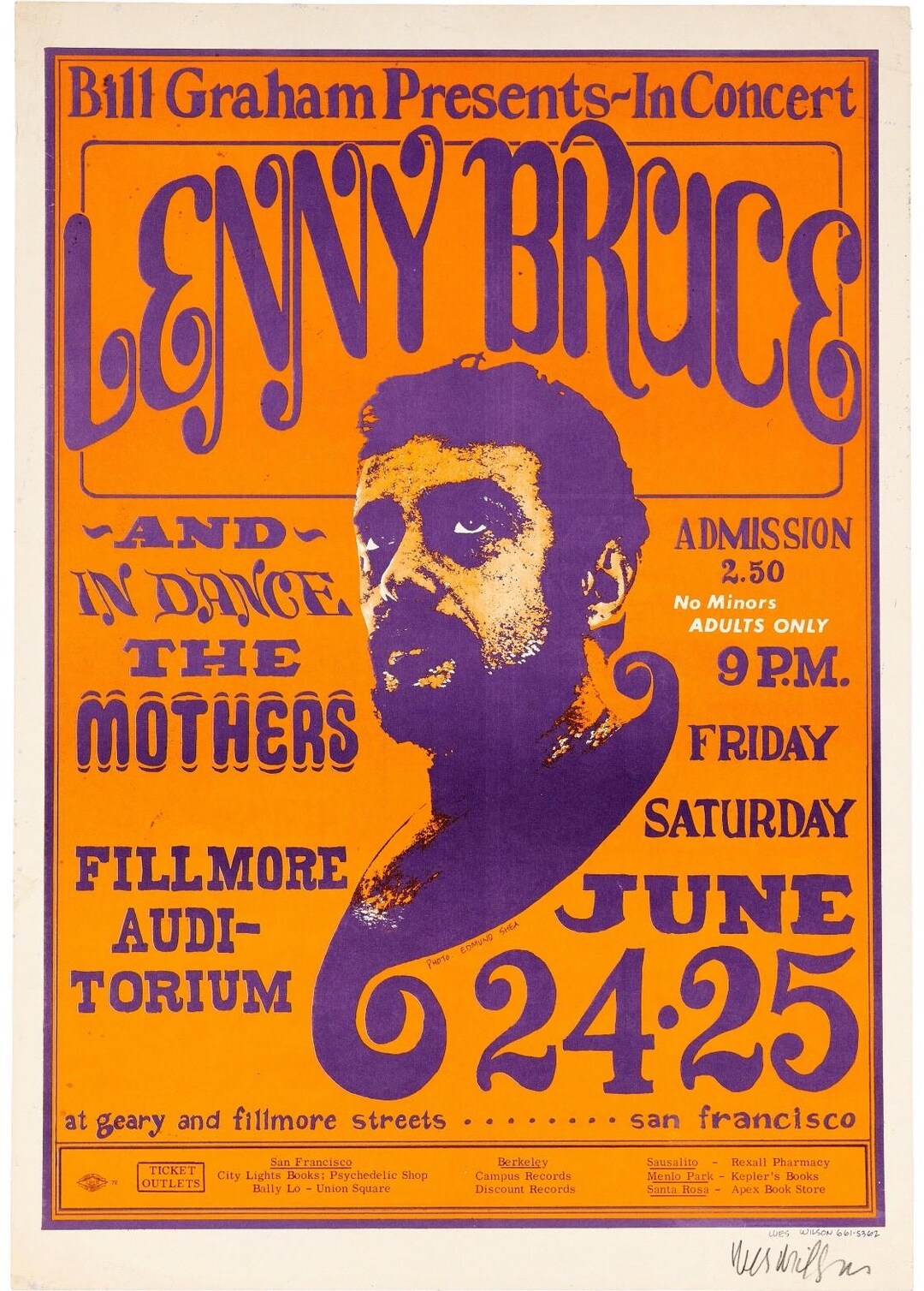 Lenny Bruce, Frank Zappa 1966 Fillmore Concert Poster Signed by Wes ...