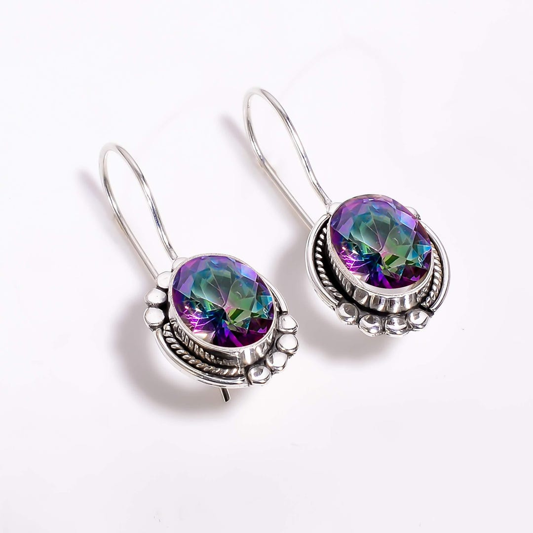 Rainbow Mystic Fire Topaz Earrings: Oxidized Sterling Silver, Oval ...
