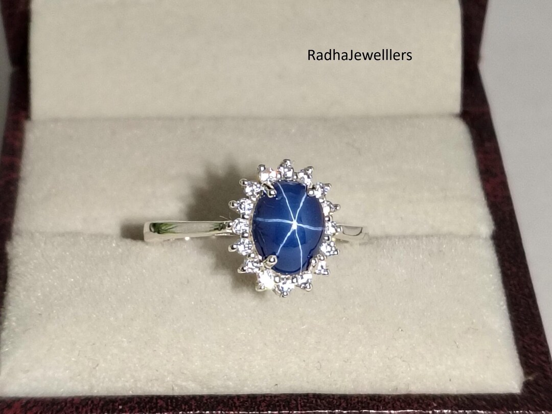 Cluster Blue Lindy Star Sapphire Ring, 925 Sterling Silver, Vintage ...