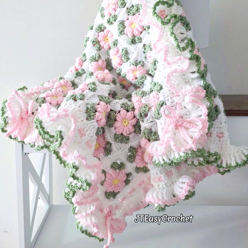 Crochet Pattern & VIDEO, Coquette Floral Granny Square Baby Blanket ...
