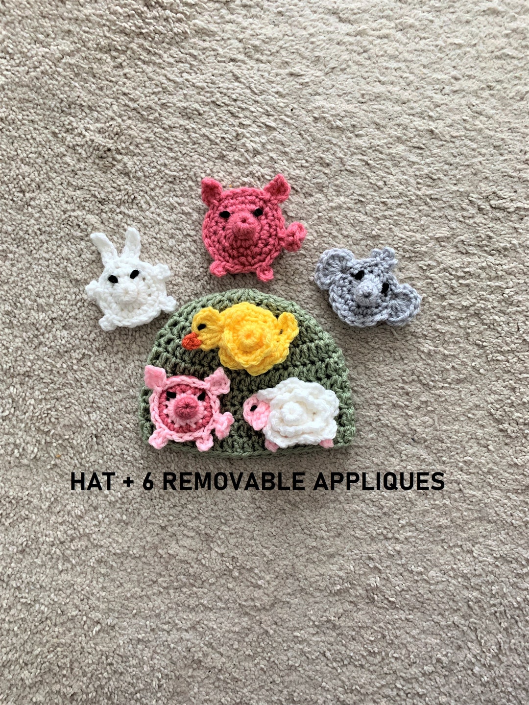 Crochet Farm Animal Hat Pattern, Removable Animal Appliques, Easter ...