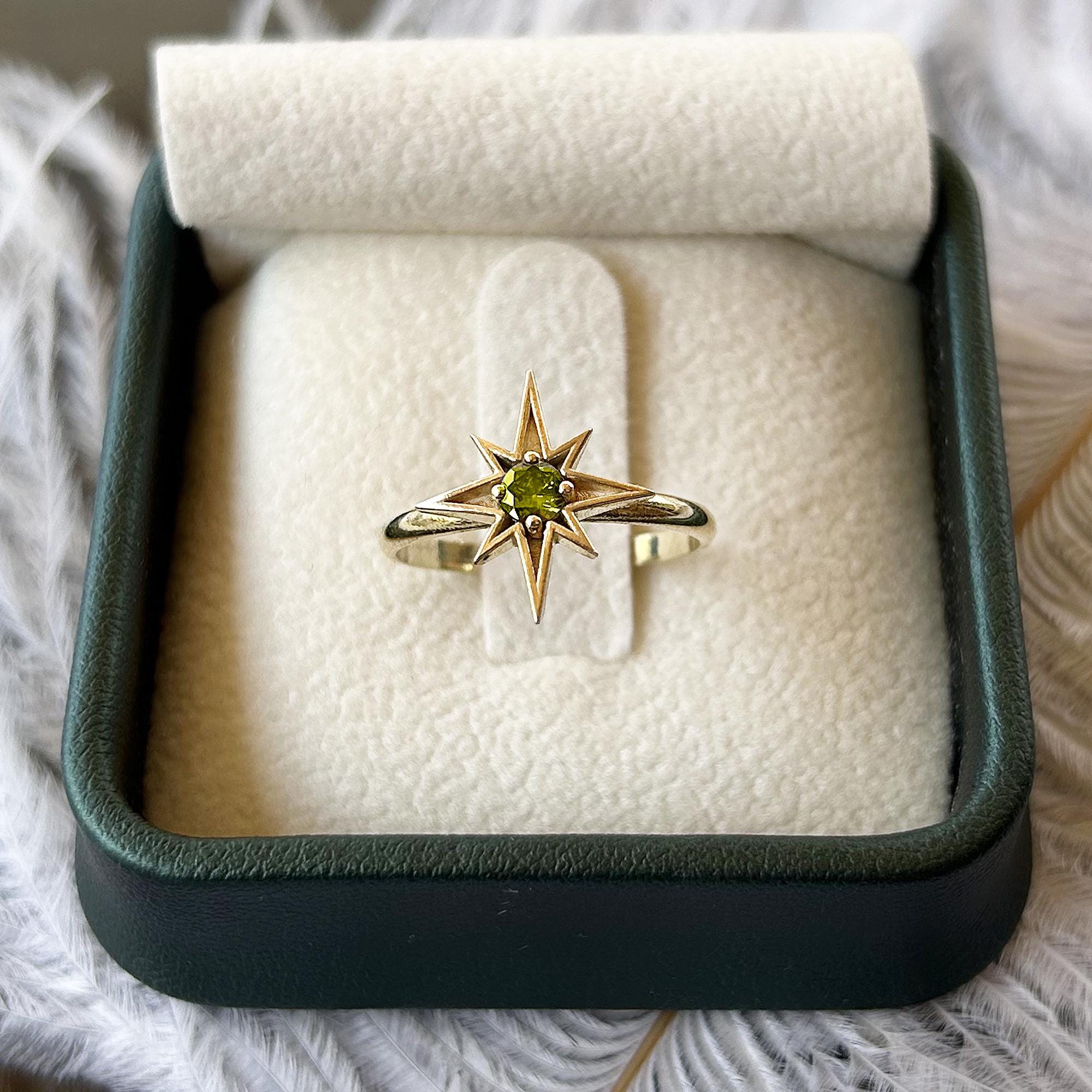 North Star Ring, 14K Gold Star Ring, Starbust Peridot Ring, Gold ...