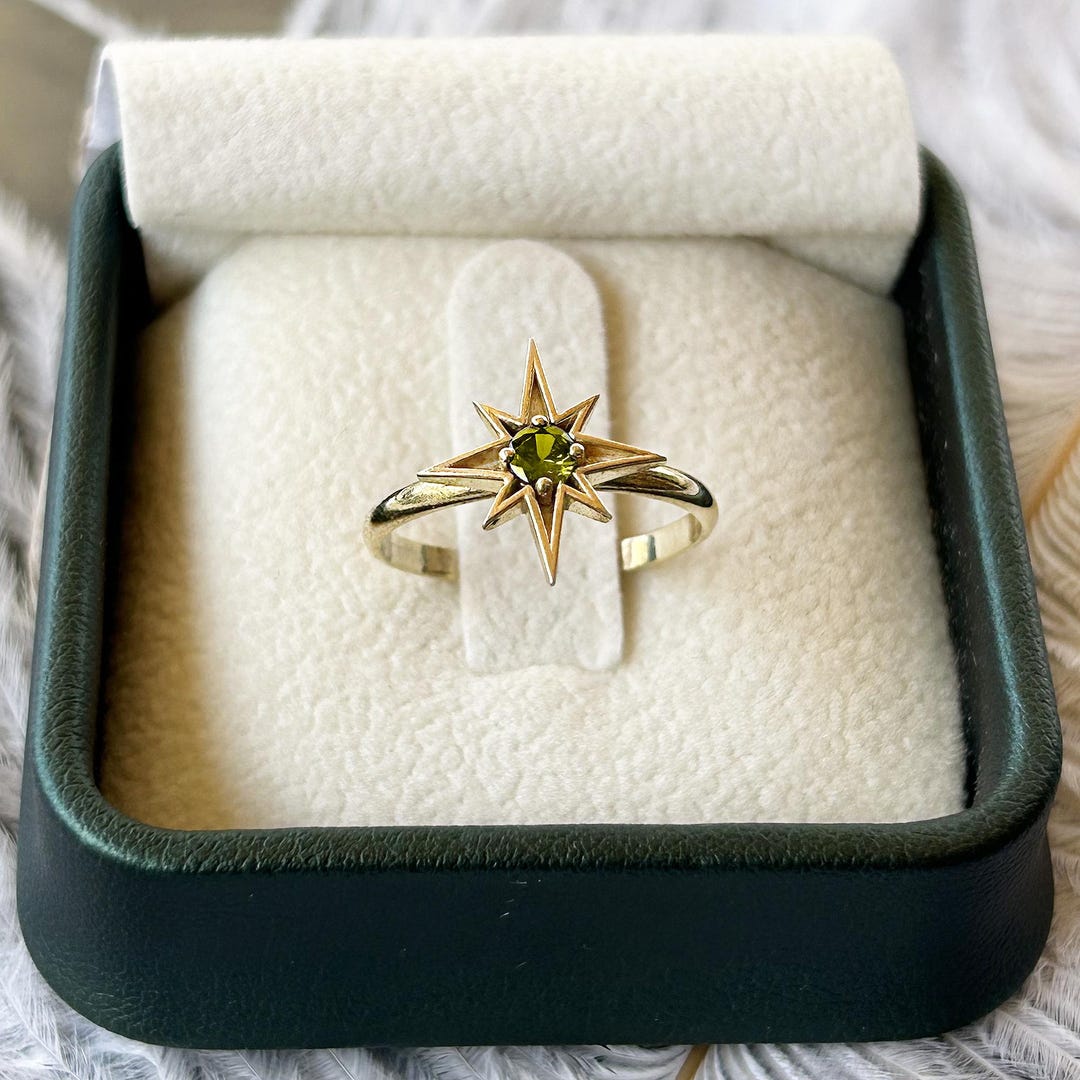 North Star Ring, 14K Gold Star Ring, Starbust Peridot Ring, Gold ...