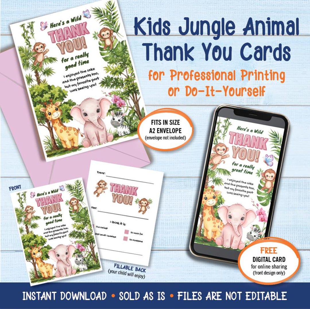 Jungle Animal Thank You Cards, Safari Birthday Fill-in-the-blank (print ...