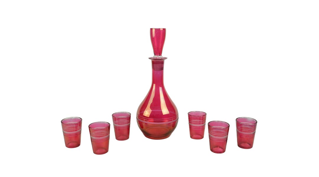 1940s DECANTER SET Cranberry Glass Sherry Set Port Wine Set Vintage ...