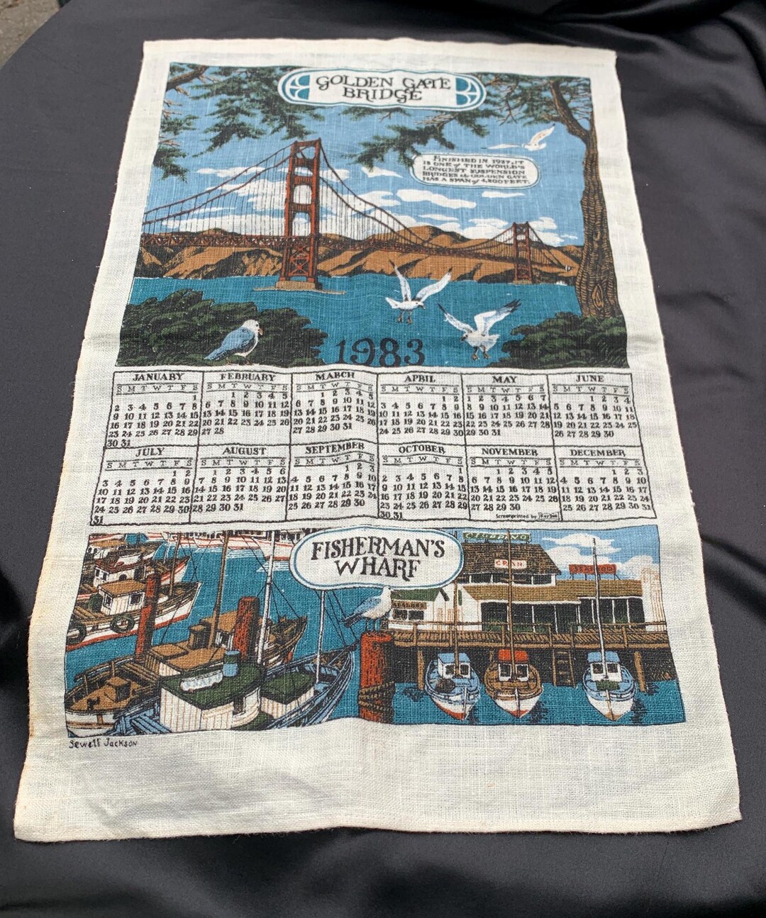 Vintage 1983 Calendar SF Golden Gate Bridge Fisherman's Wharf Linen Tea ...