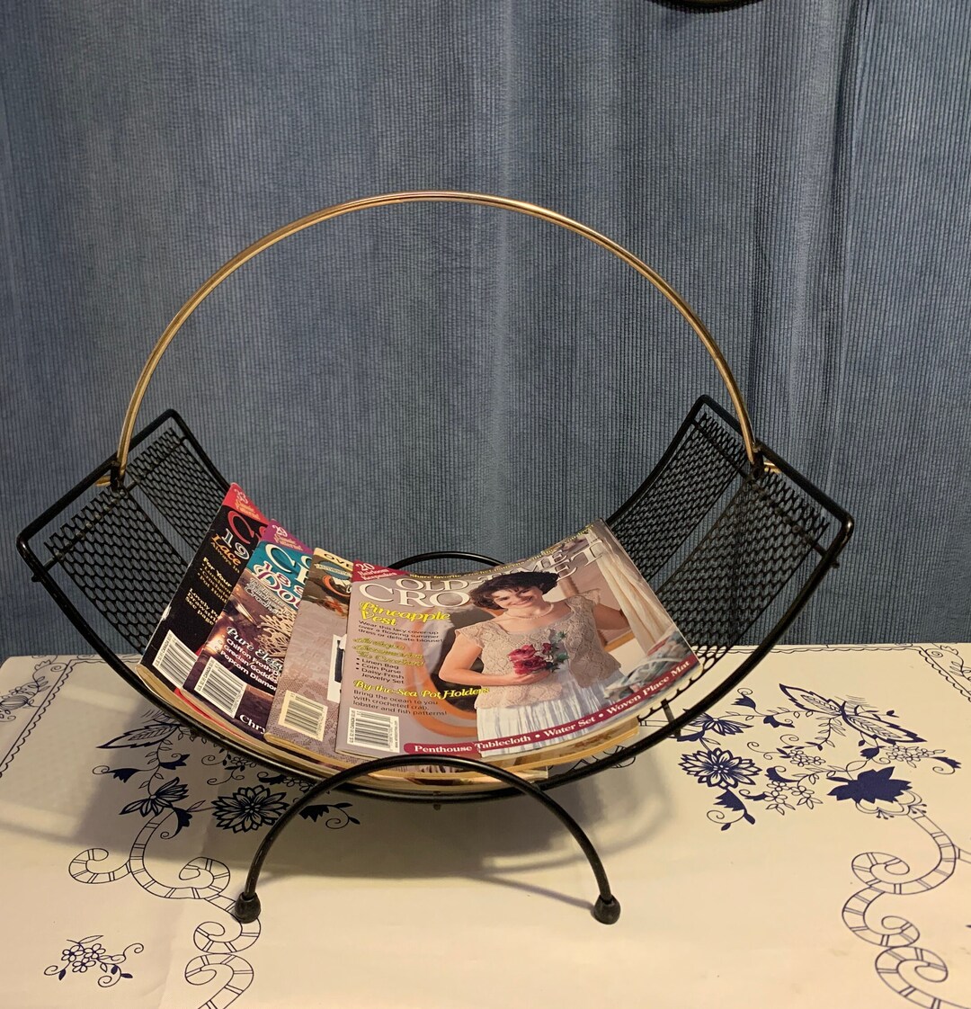 Vintage Black Metal Wire Magazine Rack Atomic Décor Firewood Rack ...