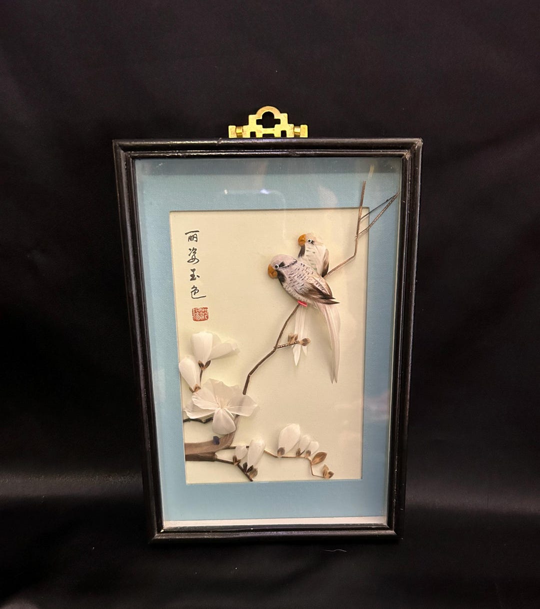 Vintage Asian Shadow Box 3D Art Work Birds Perched on Branches Flowers ...