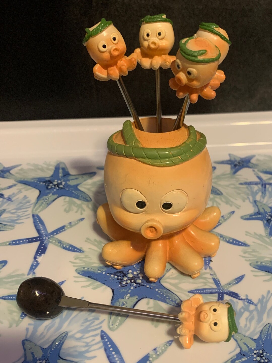 Octopus Hors D'oeuvres Cocktail Picks With Holder Beach Coastal Décor ...