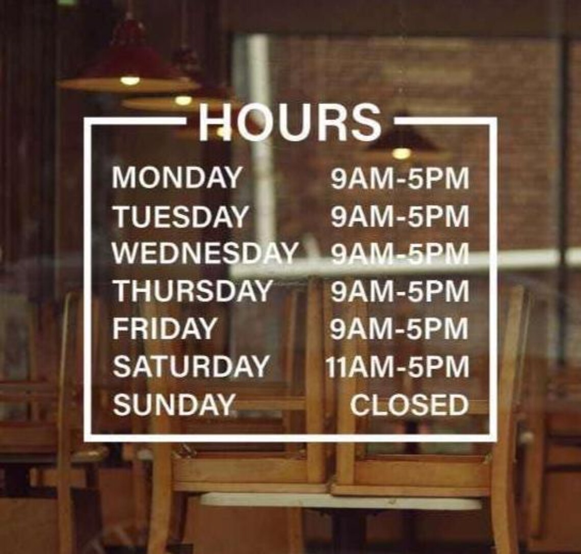 Custom Store Hours Window Decal, Shop Opening Hours, Business Hours ...