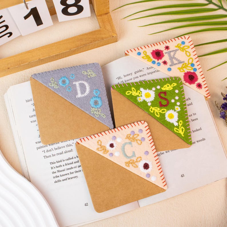 Hand Embroidered Initial Bookmark – Custom Monogram Corner – Unique ...
