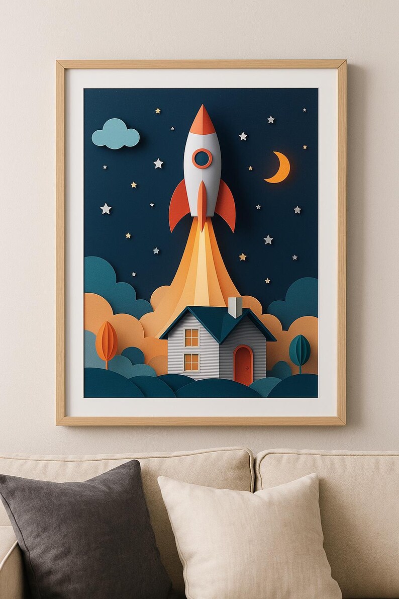 Rocket Ship Wall Art | Layered Paper Space Digital Download | Kids Room ...