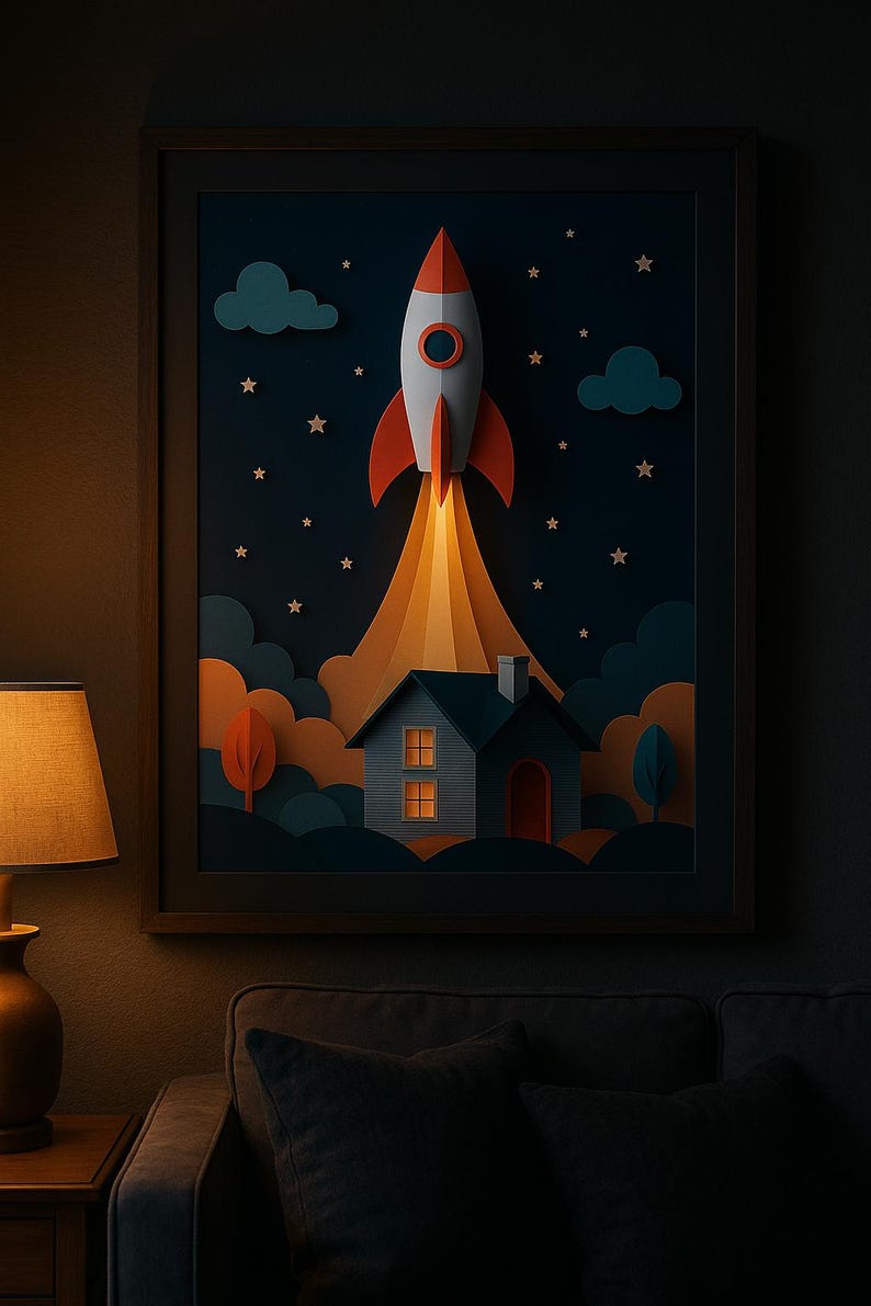 Rocket Ship Wall Art | Layered Paper Space Digital Download | Kids Room ...