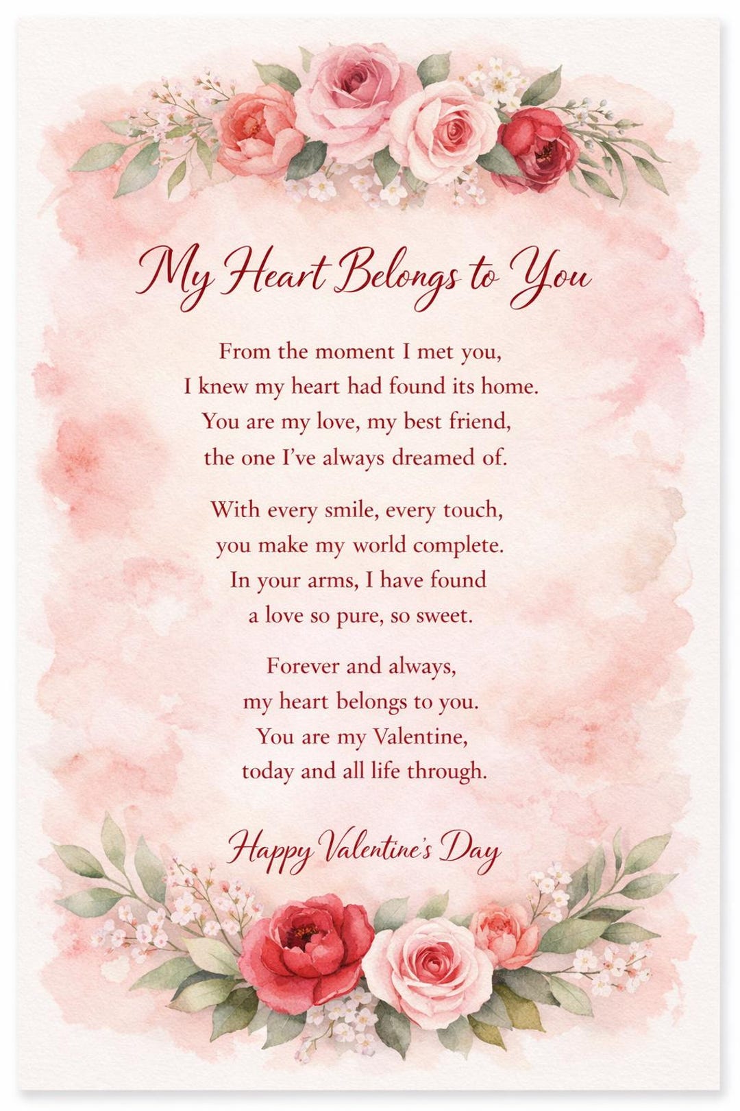 Watercolour Valentine’s Day Poem Card Printable - Etsy
