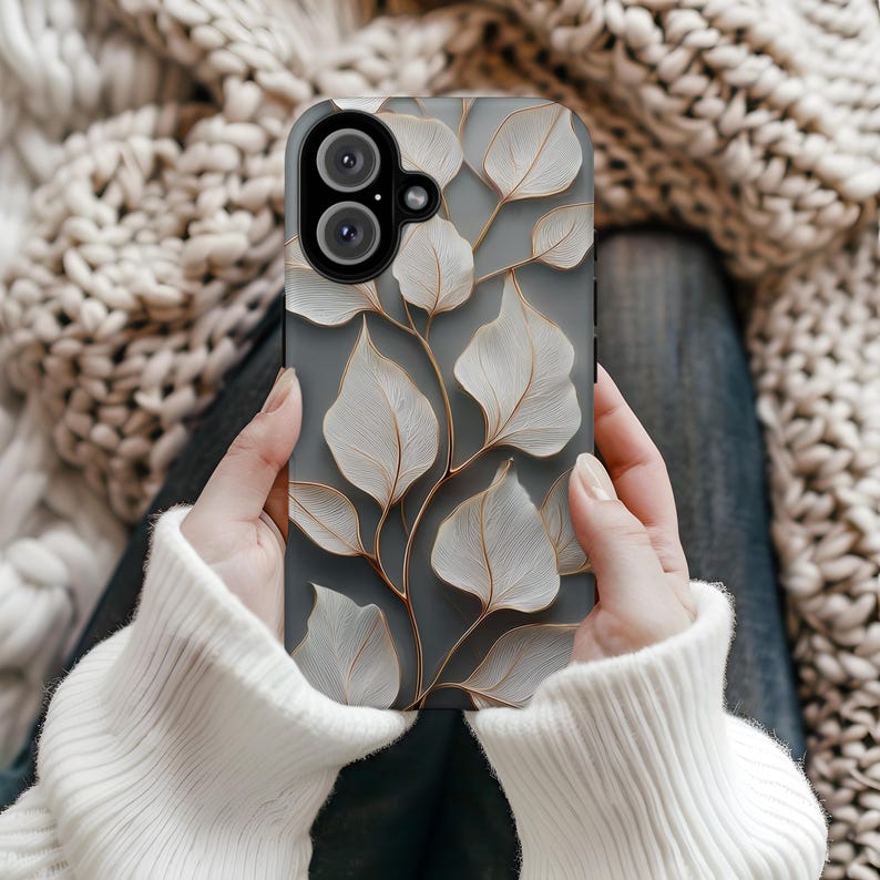 White Gold Leaf Phone Case Print Nature Plant Abstract Leaves Gift ...