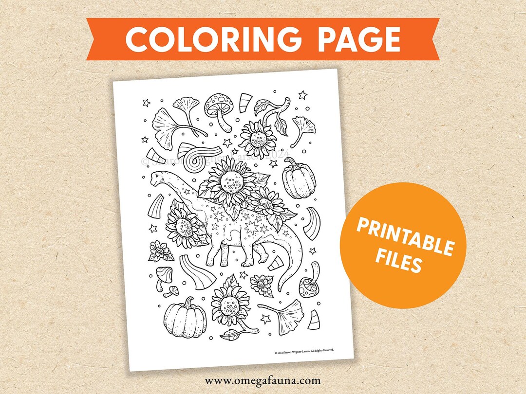 Printable Autumn Coloring Page | Hand Drawn Dinosaur Ink Art | Cozy ...