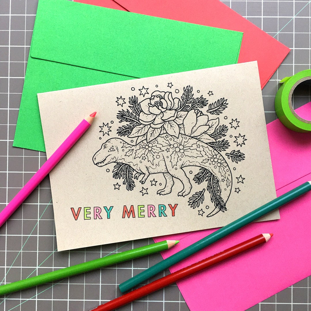 Printable Dinosaur Card | Dinosaur Coloring | Holiday Cards | Christmas ...