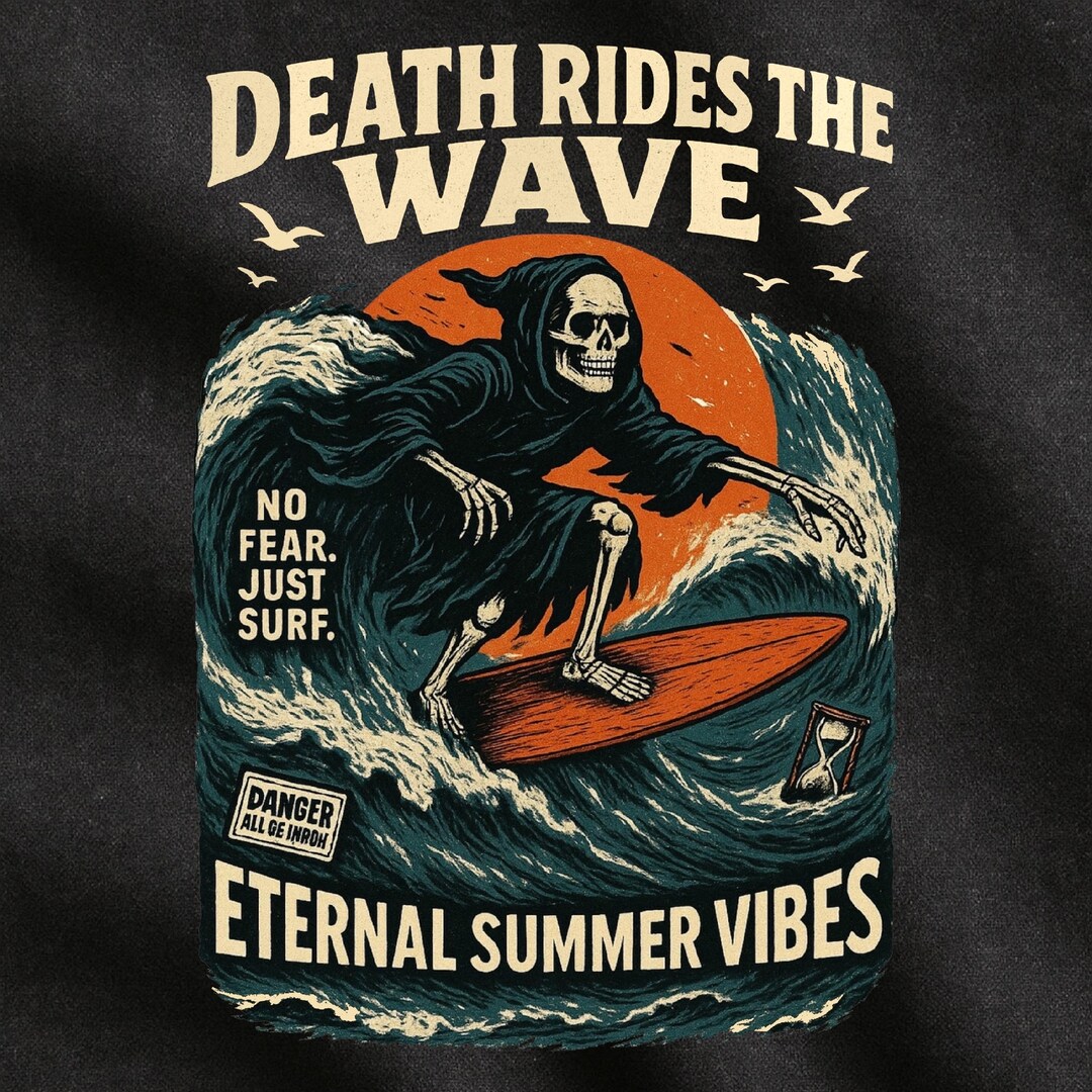 Grim Reaper Surfing Art – Vintage Skeleton Clipart PNG for Gothic Surf ...