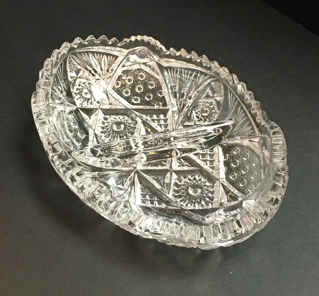 Vintage Crystal Glass Divided Dish Oval Condiment Server Jewelry Tray ...