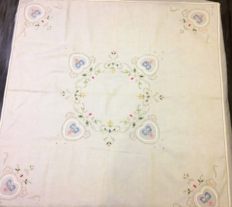 Vintage Square Tablecloth Topper Embroidered White Linen | Etsy