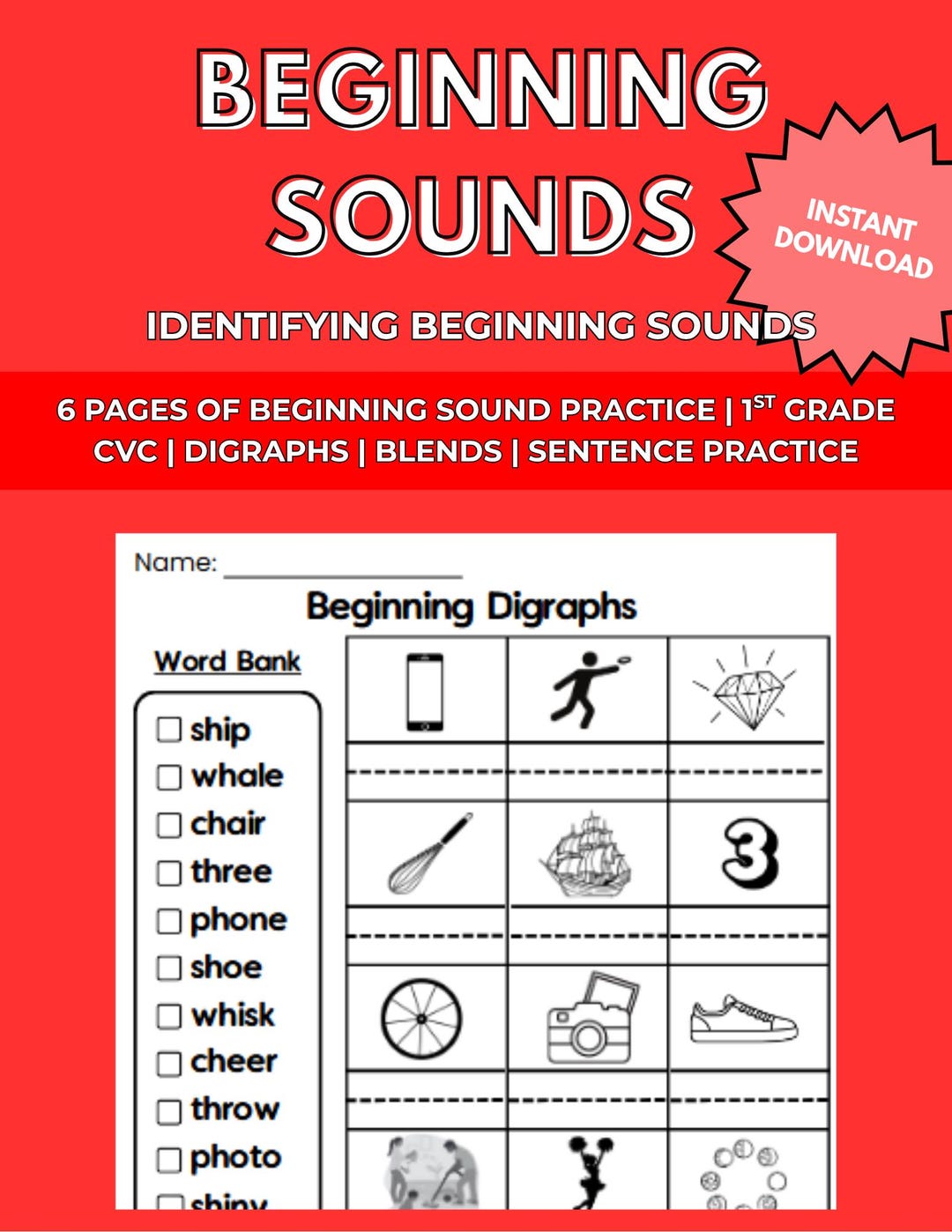 Beginning Sound Practice Worksheets | CVC, Digraphs, & Blends | 1st Grade Phonics and Sentence ...