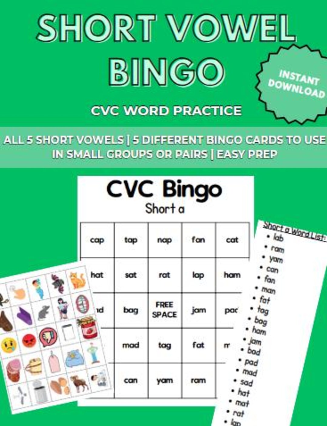CVC Bingo Game | Short Vowel Bingo Practice | Kinder and First Grade ...