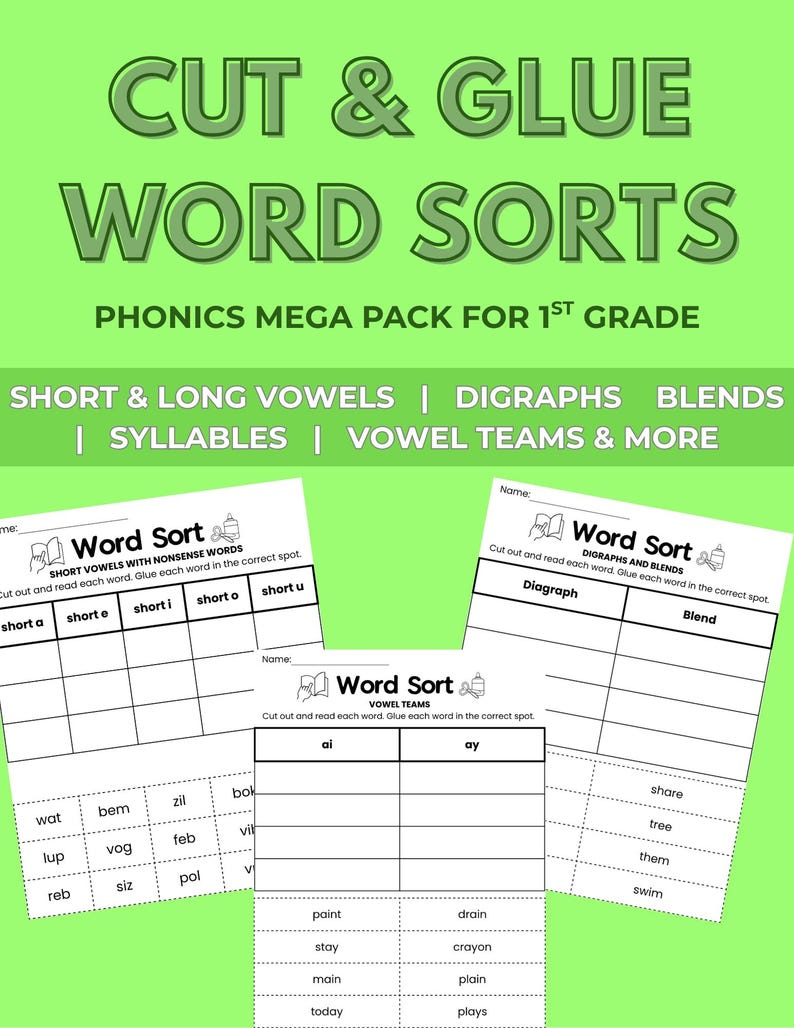 First Grade Cut & Glue Word Sorts | Phonics Practice | Short and Long ...