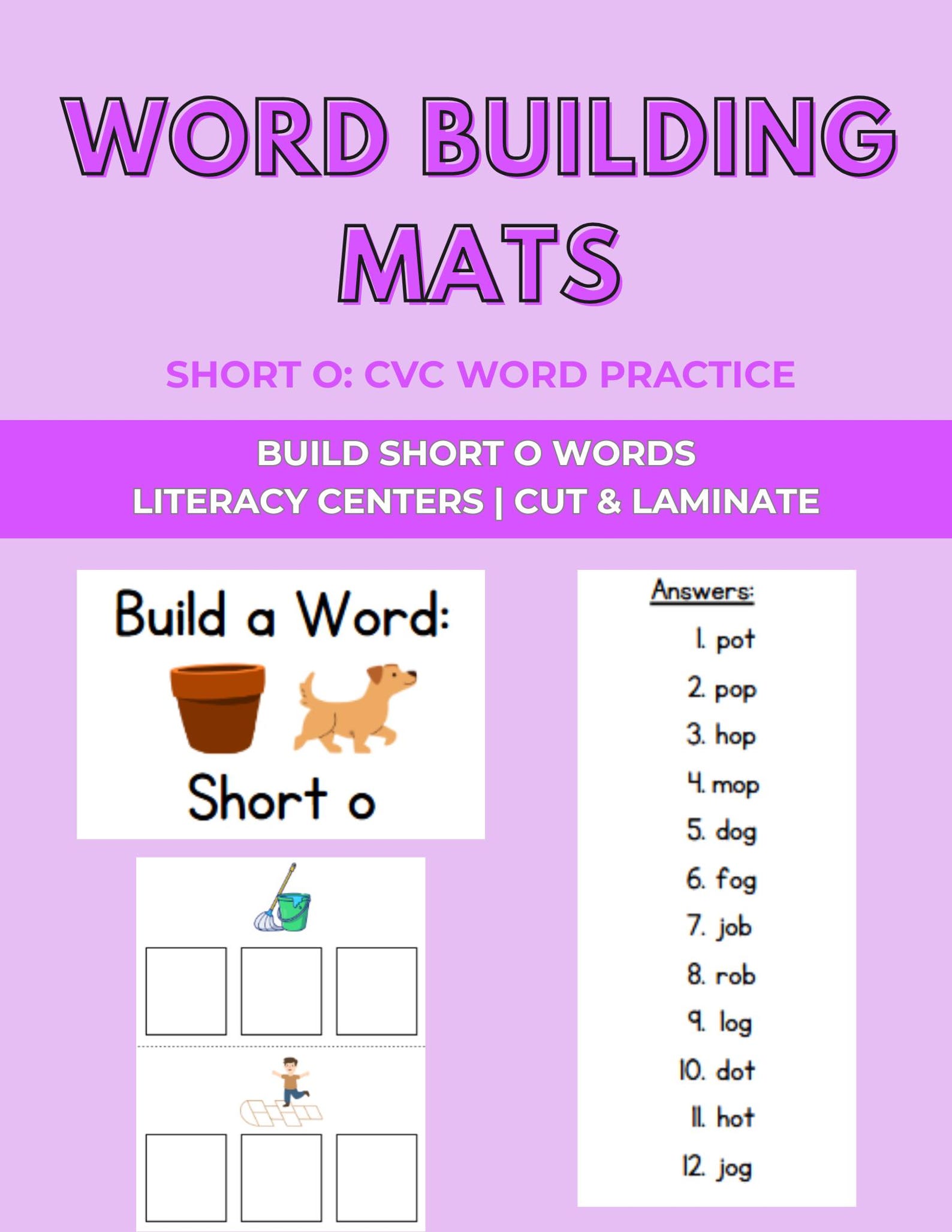 Short O CVC Word Building Mats: Phonics Literacy Center (printable PDF ...