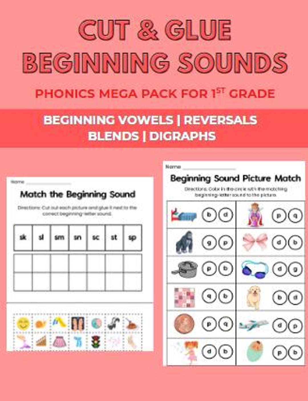 Beginning Sounds Worksheet Pack: Phonics Activities, Cut & Paste (PDF ...