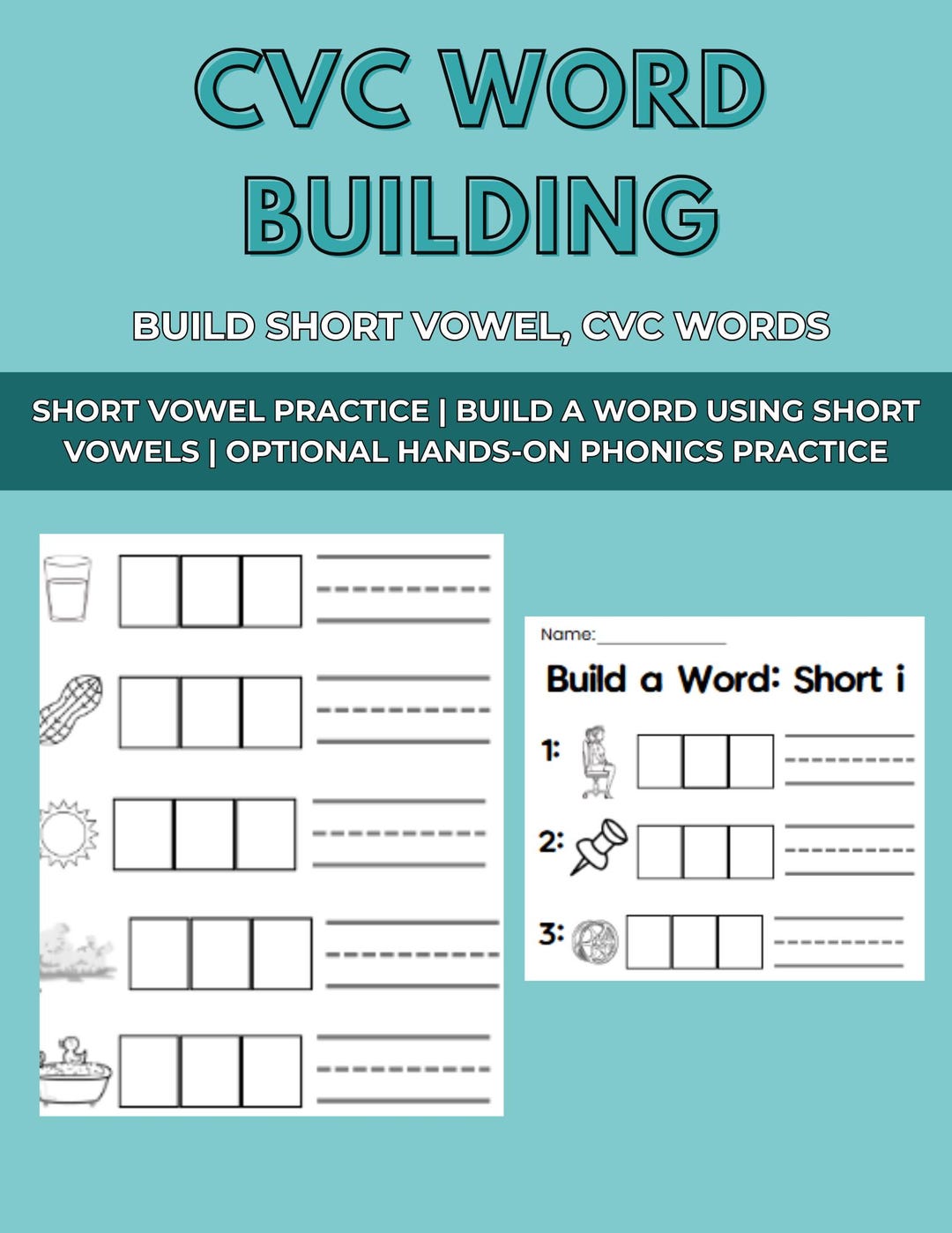 CVC Word Building Worksheets | Short Vowel Phonics Practice | Cut ...