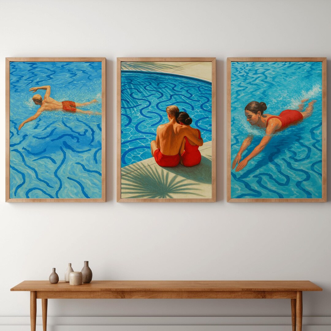 Summer Poolside Art Print Set of 3,happy Couple Digital Wall Art ...
