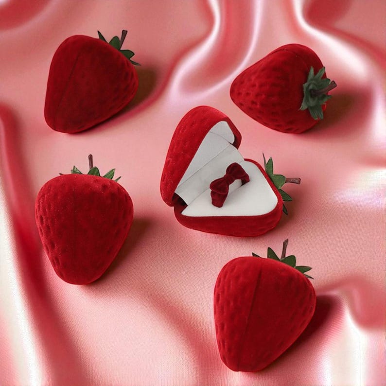 Strawberry Red Ring Box With Bow Ring | Velvet Jewelry Gift Case | Cute ...