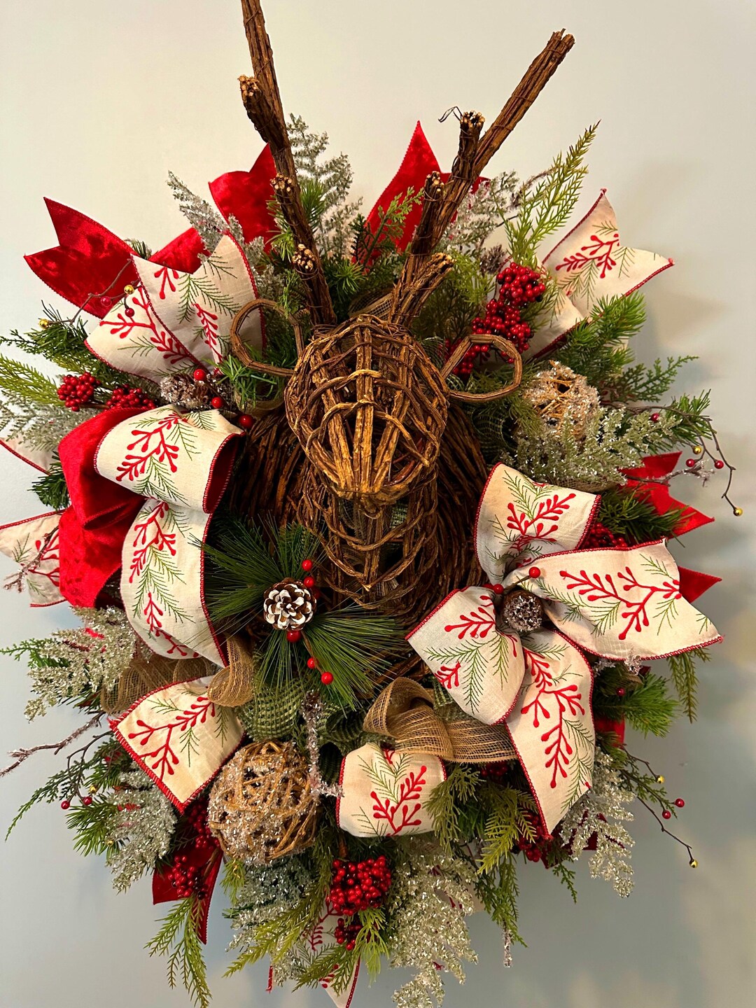 Rustic Christmas Wreath: Wicker Deer Head, Velvet Ribbon, Woodland ...