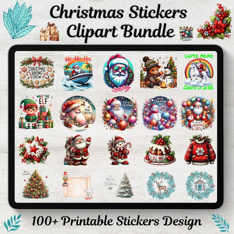 Christmas Digital Stickers PNG Bundle | 100+ Santa, Snowman, Cozy ...