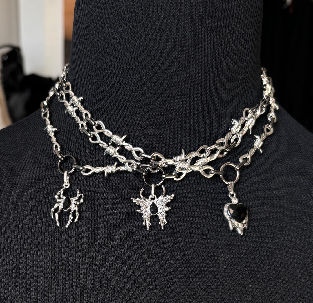 Barbed Wire Goth Necklace Choker Butterfly Spider and Heart - Etsy