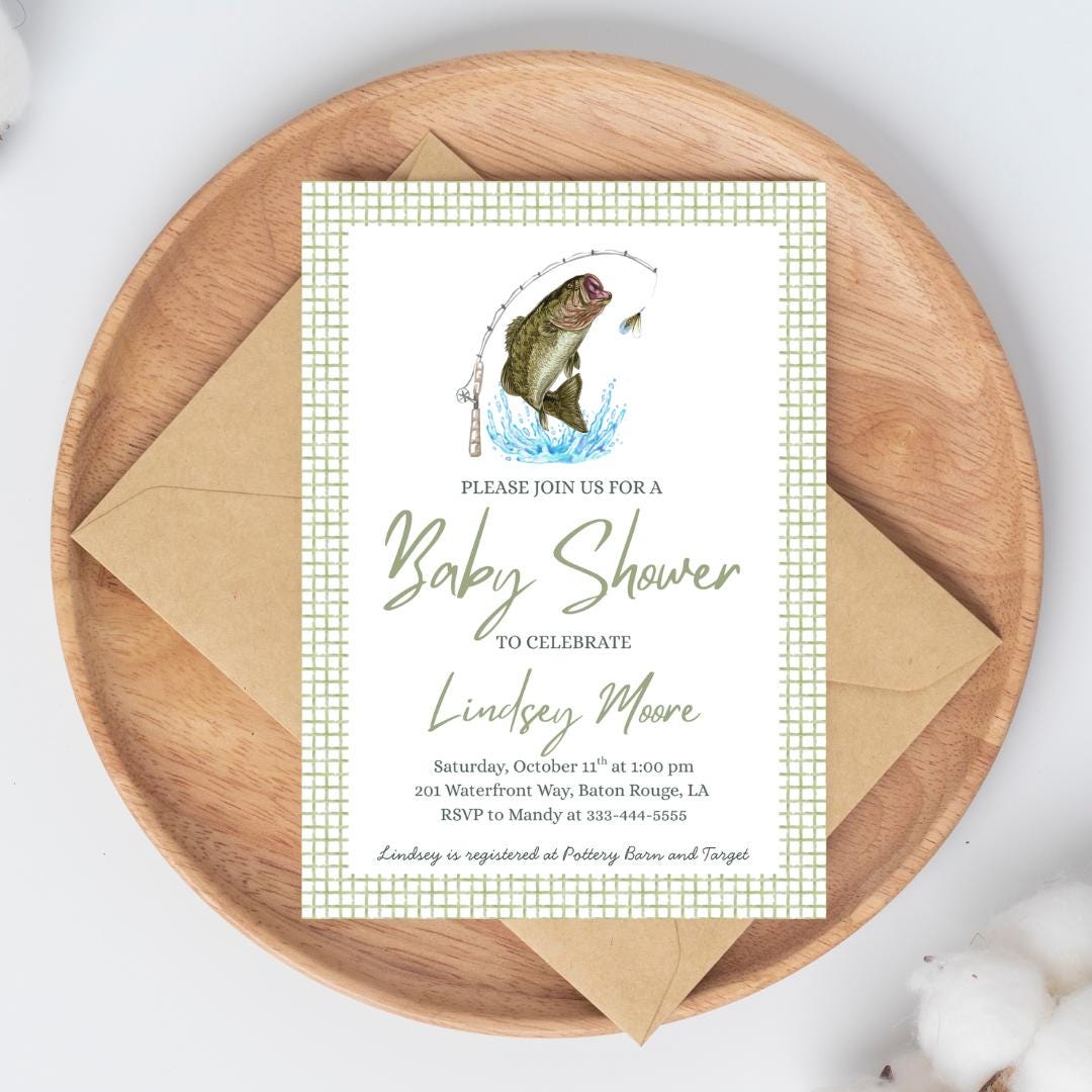 Baby Boy Fishing Baby Shower Invitation - Sage Green - Bass Fish - Etsy