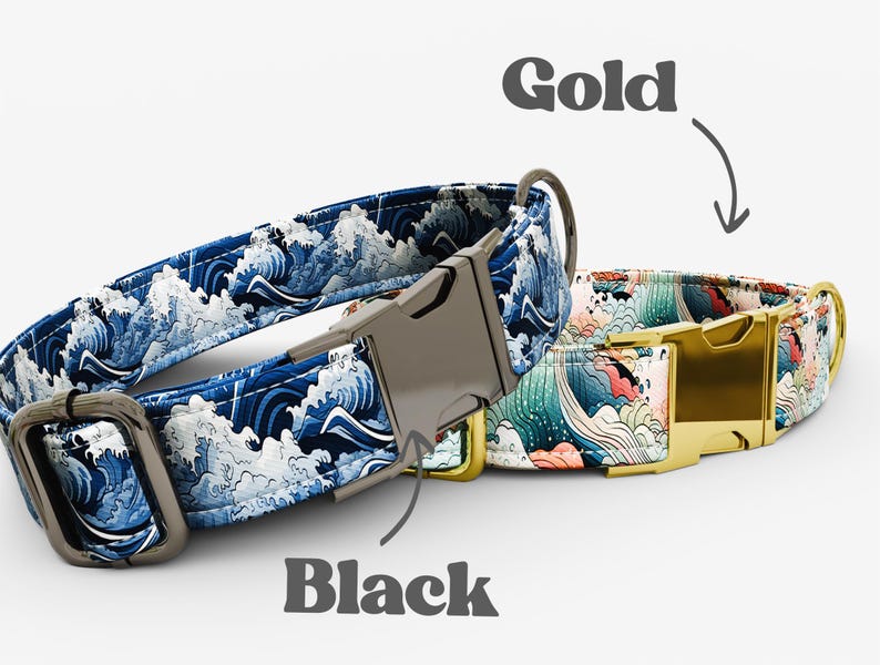 Personalized Japanese Wave Dog Collar With Leash: Floral Metal Buckle ...