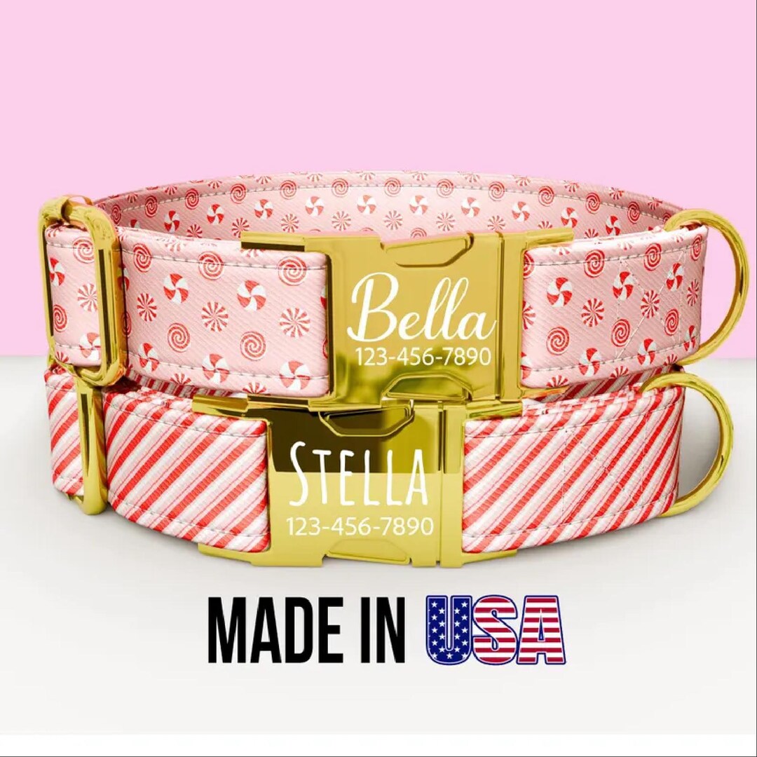 Pink Christmas Candy Dog Collar With Leash: Personalized Holiday Collar ...