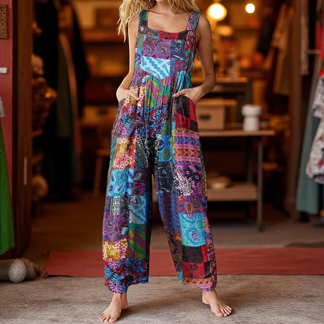 Boho Cotton Overalls, Bell Bottom Jumpsuit, Wide Leg Dungarees for ...